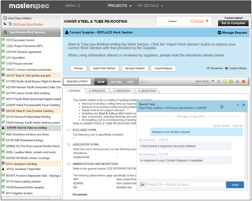 Replacing your work section - Masterspec